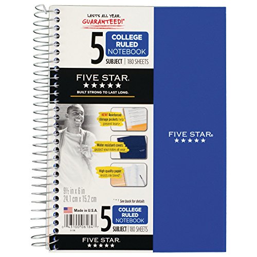 Five Star Spiral Notebook, 5 Subject, College Ruled Paper, 9-1/2" x 6", Blue (73659)