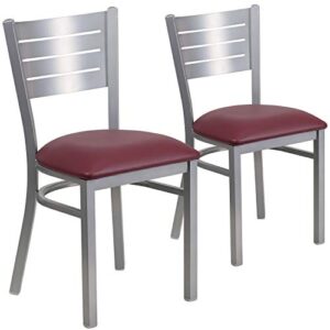 Flash Furniture 2 Pk. HERCULES Series Silver Slat Back Metal Restaurant Chair - Burgundy Vinyl Seat