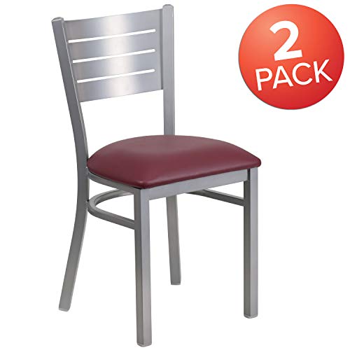 Flash Furniture 2 Pk. HERCULES Series Silver Slat Back Metal Restaurant Chair - Burgundy Vinyl Seat