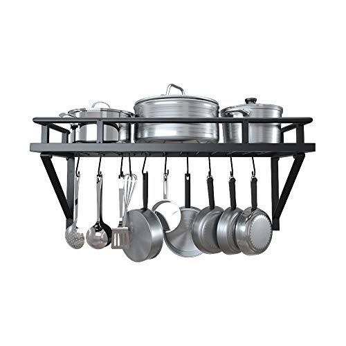 Kitchen 24 Inches Wall Mounted Pot Pan Rack Wall With 10 Hooks, Matte Black KUR215S60-BK