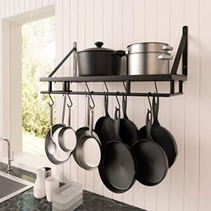 Kitchen 24 Inches Wall Mounted Pot Pan Rack Wall With 10 Hooks, Matte Black KUR215S60-BK