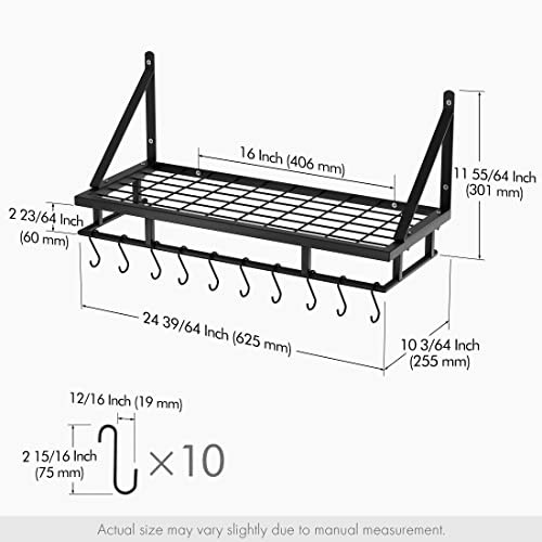 Kitchen 24 Inches Wall Mounted Pot Pan Rack Wall With 10 Hooks, Matte Black KUR215S60-BK