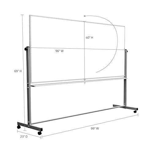 Offex Rolling Reversible Dry Erase 96"W x 40"H Double-Sided Magnetic Whiteboard with Aluminum Frame and Marker Tray - Perfect for School, Classroom, Conference and Presentation