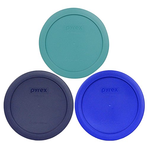 Pyrex 7201-PC 4 Cup (1) Turquoise, (1) Cobalt Blue, & (1) Dark Blue Round Plastic Storage Lids, Made in USA