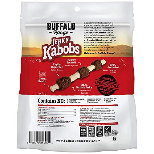 Buffalo Range Rawhide Dog Treats | Healthy, Grass-Fed Buffalo Jerky Raw Hide Chews | Hickory Smoked Flavor | Jerky Kabob, 18 Count