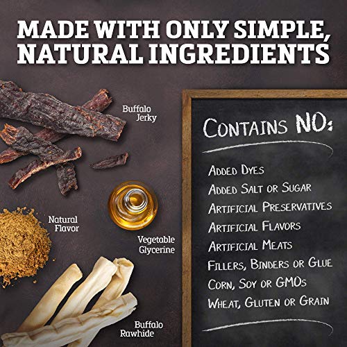 Buffalo Range Rawhide Dog Treats | Healthy, Grass-Fed Buffalo Jerky Raw Hide Chews | Hickory Smoked Flavor | Jerky Kabob, 18 Count