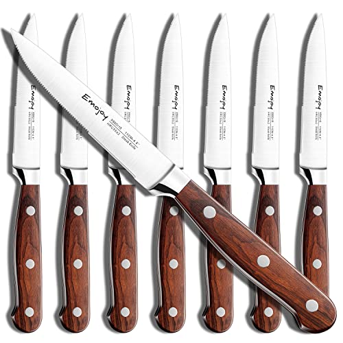 Emojoy Steak Knives, Steak Knife Set of 8, Highly Resistant and Durable German Stainless Steel Serrated Steak Knives with Gift Box