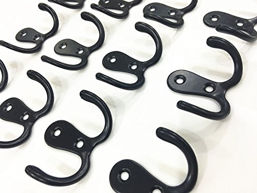 20 Pieces Double Prong Robe Hook Rustic Hooks Retro Cloth Hanger Coat Hanger Heavy Duty Double Prong Coat Hooks Wall Mounted Utility Hook with 44 Pieces Screws (Black Color)