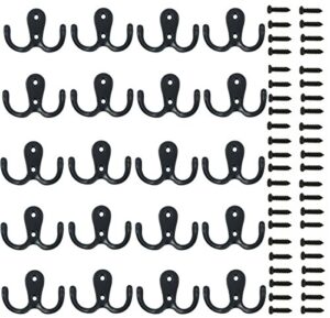 20 pieces double prong robe hook rustic hooks retro cloth hanger coat hanger heavy duty double prong coat hooks wall mounted utility hook with 44 pieces screws (black color)