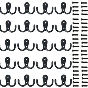 20 Pieces Double Prong Robe Hook Rustic Hooks Retro Cloth Hanger Coat Hanger Heavy Duty Double Prong Coat Hooks Wall Mounted Utility Hook with 44 Pieces Screws (Black Color)