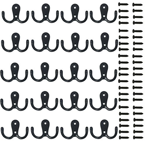 20 Pieces Double Prong Robe Hook Rustic Hooks Retro Cloth Hanger Coat Hanger Heavy Duty Double Prong Coat Hooks Wall Mounted Utility Hook with 44 Pieces Screws (Black Color)