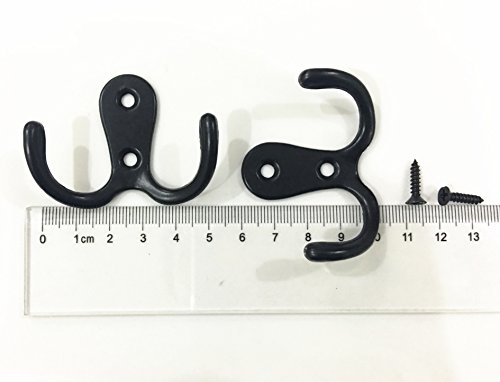 20 Pieces Double Prong Robe Hook Rustic Hooks Retro Cloth Hanger Coat Hanger Heavy Duty Double Prong Coat Hooks Wall Mounted Utility Hook with 44 Pieces Screws (Black Color)