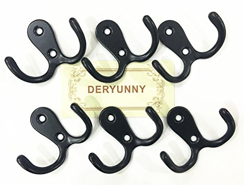 20 Pieces Double Prong Robe Hook Rustic Hooks Retro Cloth Hanger Coat Hanger Heavy Duty Double Prong Coat Hooks Wall Mounted Utility Hook with 44 Pieces Screws (Black Color)