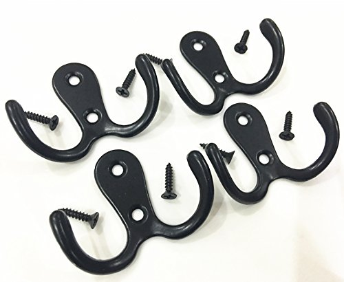 20 Pieces Double Prong Robe Hook Rustic Hooks Retro Cloth Hanger Coat Hanger Heavy Duty Double Prong Coat Hooks Wall Mounted Utility Hook with 44 Pieces Screws (Black Color)