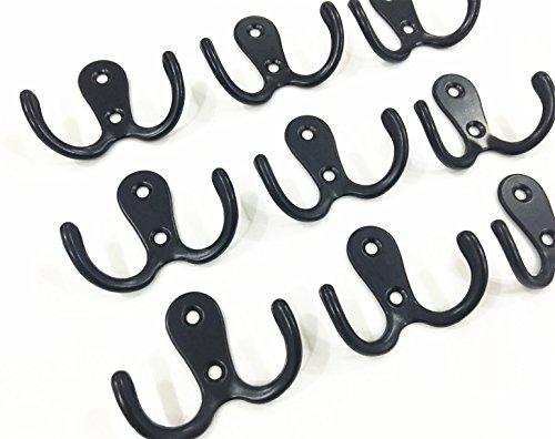 20 Pieces Double Prong Robe Hook Rustic Hooks Retro Cloth Hanger Coat Hanger Heavy Duty Double Prong Coat Hooks Wall Mounted Utility Hook with 44 Pieces Screws (Black Color)