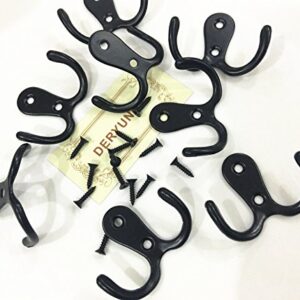 20 Pieces Double Prong Robe Hook Rustic Hooks Retro Cloth Hanger Coat Hanger Heavy Duty Double Prong Coat Hooks Wall Mounted Utility Hook with 44 Pieces Screws (Black Color)