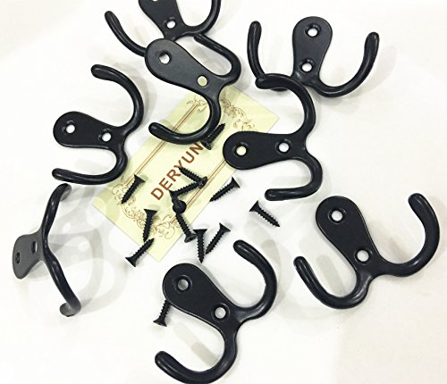 20 Pieces Double Prong Robe Hook Rustic Hooks Retro Cloth Hanger Coat Hanger Heavy Duty Double Prong Coat Hooks Wall Mounted Utility Hook with 44 Pieces Screws (Black Color)