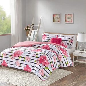 comfort spaces zoe comforter set printed striped floral design with faux long fur decorative pillow bedding, pink, full/queen, 4 piece