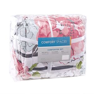 Comfort Spaces Zoe Comforter Set Printed Striped Floral Design with Faux Long Fur Decorative Pillow Bedding, Pink, Full/Queen, 4 Piece