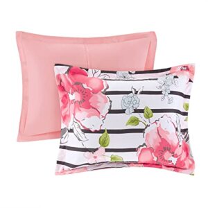 Comfort Spaces Zoe Comforter Set Printed Striped Floral Design with Faux Long Fur Decorative Pillow Bedding, Pink, Full/Queen, 4 Piece