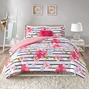 Comfort Spaces Zoe Comforter Set Printed Striped Floral Design with Faux Long Fur Decorative Pillow Bedding, Pink, Full/Queen, 4 Piece