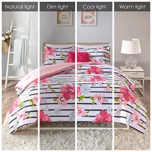 Comfort Spaces Zoe Comforter Set Printed Striped Floral Design with Faux Long Fur Decorative Pillow Bedding, Pink, Full/Queen, 4 Piece