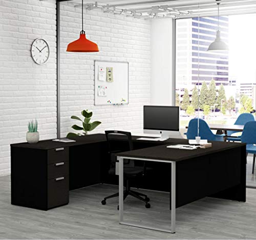 Bestar Pro-Concept Plus U-Shaped Executive Desk with Pedestal, Deep Grey & Black