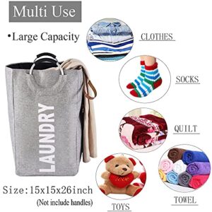 Large Collapsible Laundry Hamper Bag with Handles, 15 x 15 x 26 Inches Foldable Clothes Basket for Washing Storage