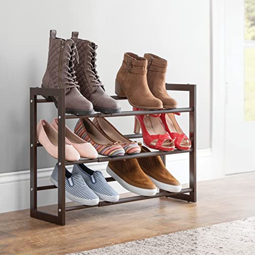 mDesign Metal 3 Tier Adjustable/Expandable Shoe and Boot Storage Organizer Rack - Space-Saving, Angled Vertical Storage - Closet, Entryway, Mudroom, Bedroom, Garage - Espresso Brown