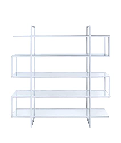 Coaster Furniture Modern Contemporary 5 Shelf Zig Zag Bookcase Etagere Metal Bookshelf Clear Tempered Glass Shelves Chrome 801304