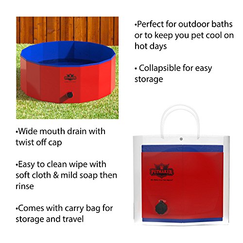 Dog Pool - Portable, Foldable 30.5-Inch Doggie Pool with Drain and Carry Bag - Pet Swimming Pool for Bathing or Play by PETMAKER (Red)