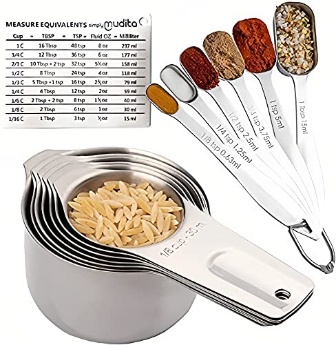 Measuring cup and spoon set stainless steel 13 inch 18/8 stainless steel: 7 measuring cups and 5 measuring spoons, with a professional magnetic measurement conversion table