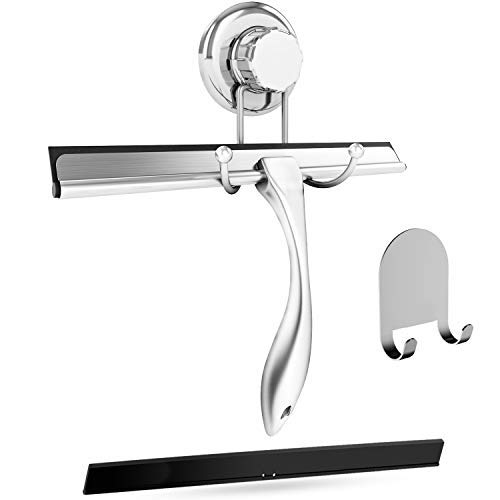 Bathroom Shower Squeegee Chrome Plated Stainless Steel with Matching Suction Cup Hook Holder, 3M Adhesive Mounting Disc, 3M Hook,1 Replacement Rubber Blade HASKO Accessories, 9.8-Inch