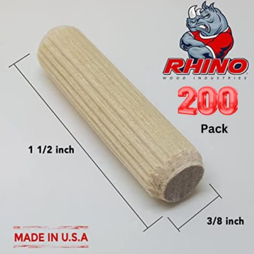 200 Pack 3/8" x 1 1/2" Wooden Dowel Pins Wood Kiln Dried Fluted and Beveled, Made of Hardwood