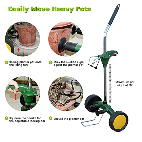 EJWOX Garden Pot Mover with Adjustable Handle - Heavy Duty Plant Dolly Caddy with Sturdy Flat-Free Wheels and Gripping Suction Cups, Max 165 Lbs Weight Capacity