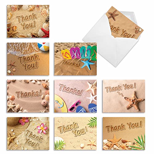 Beach Notes - 10 Assorted Thank You Cards with Envelopes (4 x 5.12 Inch) - Box of Gratitude Beach Theme Greeting Cards - Tropical Vacation, Ocean Notecard Stationery Set AM6113TYG-B1x10