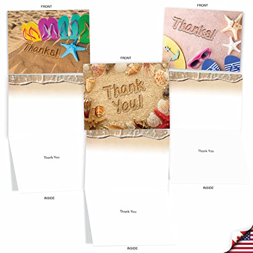 Beach Notes - 10 Assorted Thank You Cards with Envelopes (4 x 5.12 Inch) - Box of Gratitude Beach Theme Greeting Cards - Tropical Vacation, Ocean Notecard Stationery Set AM6113TYG-B1x10