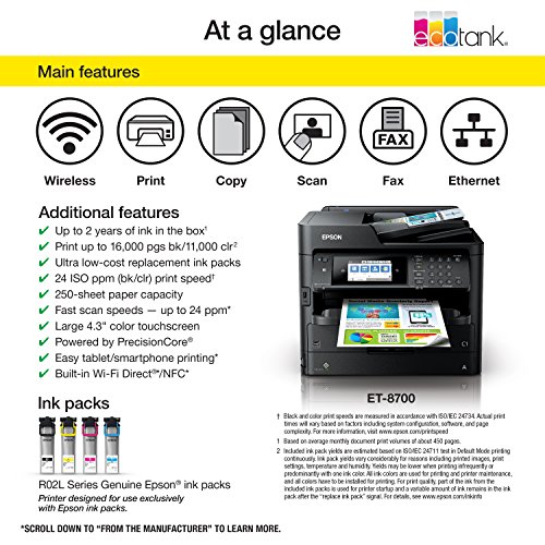 Epson Workforce Pro ET-8700 EcoTank Color All-in-One Supertank Printer with Scanner, Copier and Fax, WiFi & Ethernet Connectivity