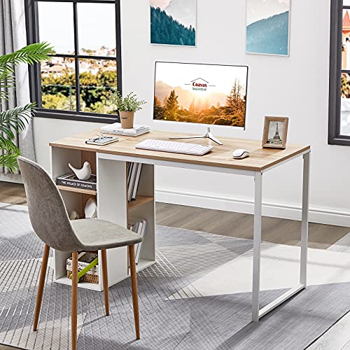 Computer Desk with Storage Shelves 47” White Office Desk with Drawers Small Kids Writing Desk Student Study Table Modern Wood Pc Laptop Gaming Desk for Home Work, Splicing Oak with Metal Legs