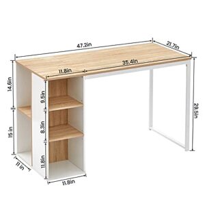 Computer Desk with Storage Shelves 47” White Office Desk with Drawers Small Kids Writing Desk Student Study Table Modern Wood Pc Laptop Gaming Desk for Home Work, Splicing Oak with Metal Legs