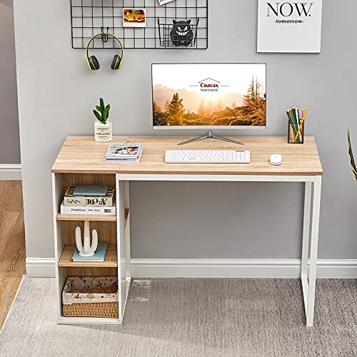 Computer Desk with Storage Shelves 47” White Office Desk with Drawers Small Kids Writing Desk Student Study Table Modern Wood Pc Laptop Gaming Desk for Home Work, Splicing Oak with Metal Legs