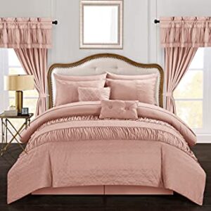 Chic Home Mykonos 20 Piece Comforter Set Striped Ruched Ruffled Embossed Bag Bedding, Queen, Coral