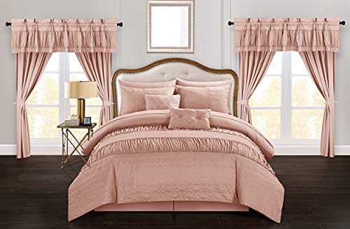 Chic Home Mykonos 20 Piece Comforter Set Striped Ruched Ruffled Embossed Bag Bedding, Queen, Coral