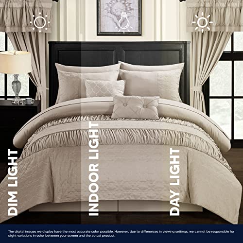 Chic Home Mykonos 20 Piece Comforter Set Striped Ruched Ruffled Embossed Bag Bedding, Queen, Coral