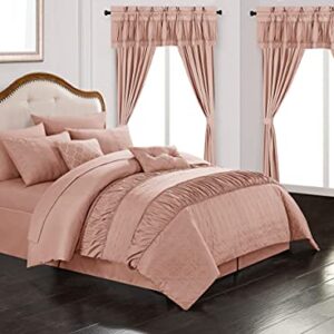 Chic Home Mykonos 20 Piece Comforter Set Striped Ruched Ruffled Embossed Bag Bedding, Queen, Coral