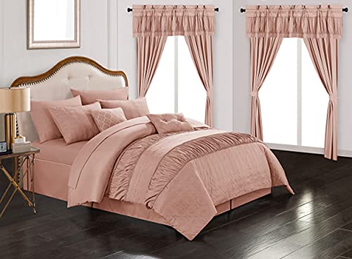 Chic Home Mykonos 20 Piece Comforter Set Striped Ruched Ruffled Embossed Bag Bedding, Queen, Coral