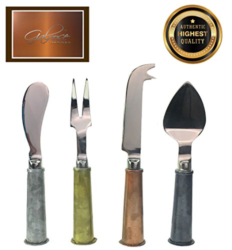 Galrose Cheese Knife Set Premium Quality - Galvanized Iron Handle Stainless Steel Blade Rustic 4 Piece Cheese Knives or Charcuterie Utensils Set for Hosting. Gift for 6th Iron Wedding Anniversary