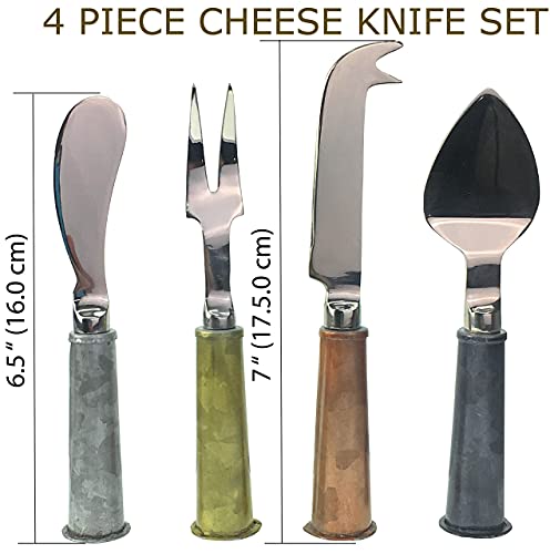 Galrose Cheese Knife Set Premium Quality - Galvanized Iron Handle Stainless Steel Blade Rustic 4 Piece Cheese Knives or Charcuterie Utensils Set for Hosting. Gift for 6th Iron Wedding Anniversary