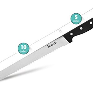 ikasu 10 inch Bread Slicer Knife | Ultra-Sharp German High Carbon Stainless Steel Serrated Edges, Full Tang Blade | Durable Luxury Pakka Wood Handle