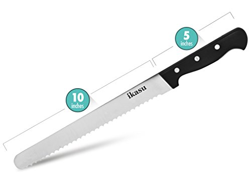 ikasu 10 inch Bread Slicer Knife | Ultra-Sharp German High Carbon Stainless Steel Serrated Edges, Full Tang Blade | Durable Luxury Pakka Wood Handle